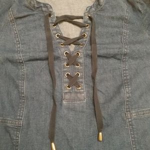 Dresses | Jjill Denim Lace Up Front Raw Hem Dress Size Xs | Poshmark